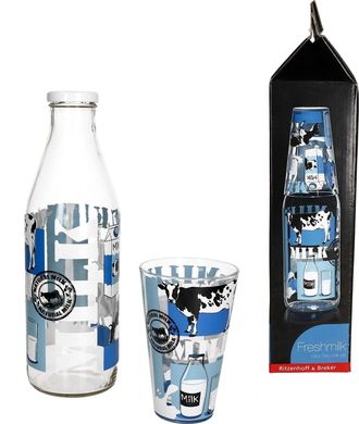 MamboCat Milchflaschen Set Natural Milk I Flirt Milchglasflasche 1 L mit Schraubverschluss und 310 ml Trinkglas mit Motiv I Designer Weithalsflasche Trinkflasc