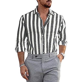 Generic Chemise d&eacute;t&eacute; pour homme coupe ajust&eacute;e : chemises en lin boutonn&eacute;es chemise de plage ray&eacute;e chemise en lin avec poche poitrine chemises de loisirs cardi