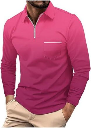 Generic Polo &agrave; manches longues pour homme avec fermeture &eacute;clair et poche d&eacute;grad&eacute;e - Coupe ajust&eacute;e, Polo &agrave; manches longues rose vif pour homme, L