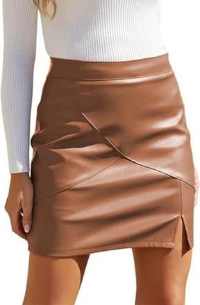 Onsoyours Jupe en Cuir Synthétique pour Femme avec Fente Taille Haute Jupe Crayon Mini Jupe Moulante Bodycon A Kaki M