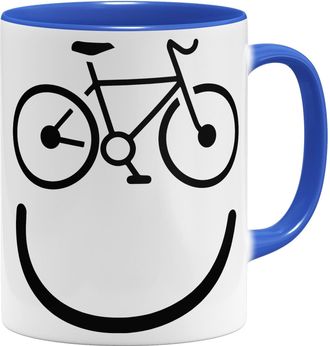 OM3 lustige Fahrrad Kaffee-Tasse mit lachendem Gesicht - Bicycle Happy Smile - Keramik Becher - 325ml - Beidseitig Bedruckt - Blau
