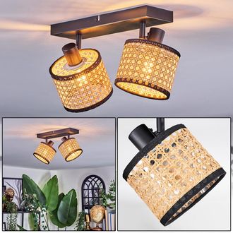 HOFSTEIN Deckenleuchte Ramila, Deckenlampe aus Metall/Rattan/Wienergeflecht/Stoff in Schwarz/Natur, verstellbare Leuchte im Boho-Design (Schirme &Oslash; 12 cm), 2 x 