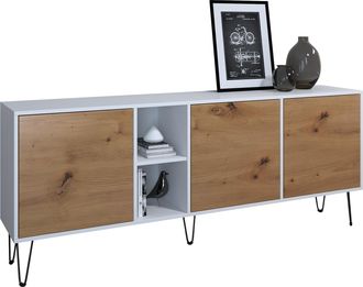 Vladon Sideboard Havana, TV-Schrank mit 3 Türen und 2 offene Fächer, Kommode Made in Germany, Weiß matt/Eiche Evoke (181,5 x 73 x 35 cm)