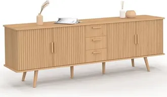 IDMarket Buffet 180 cm Juliette XXL 4 Portes et 3 tiroirs Effet Lattes tasseau Bois