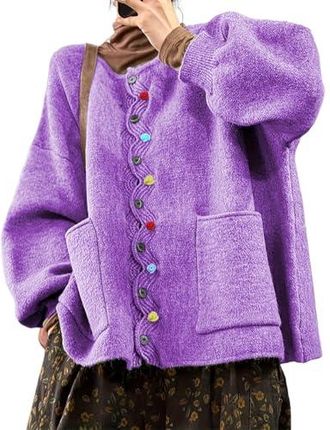 Minetom Gilet Femme Cardigan Ample Chaud Pull Veste avec Boutons Oversize Manches Longues Automne Hiver Tricot Manteau avec Poches A Violet 3XL