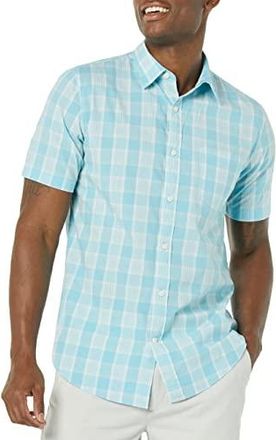 Amazon Essentials Chemise en Popeline à Manches Courtes Coupe Ajustée Homme, Bleu Clair Blanc Écossais, XXL