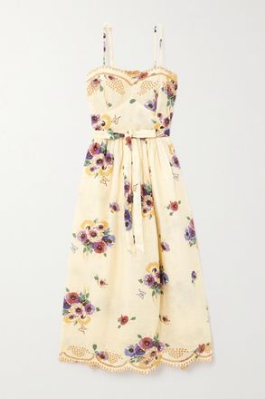 Miguelina Betina Midikleid Aus Bedrucktem Leinen Mit Lochstickerei Und Bindegürtel - Gelb