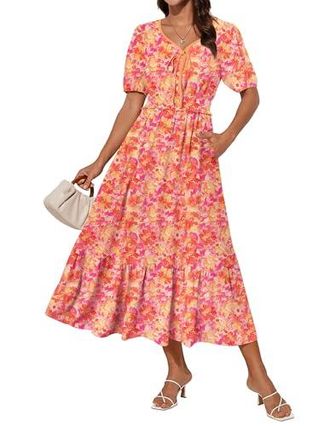Grace Karin Grace Karin Femme Robe &Eacute;l&eacute;gante Midi &agrave; Fleurs Manches Courtes Col en V Robe d&eacute;t&eacute; Taille &Eacute;lastique, Orange fleur, XXL