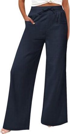 Generic Pantalon dété en coton et lin avec poches pour femme, coupe ample, style bohème, décontracté, taille haute avec cordon de serrage, léger, bleu marine,