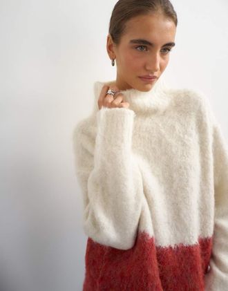 Topshop pull en maille oversize &agrave; col montant, imprim&eacute; abstrait, ivoire et rouge-Neutre