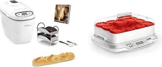 Moulinex Home Bread Baguette Machine &agrave; pain, 16 programmes, R&eacute;sultats homog&egrave;nes, Jusqu&agrave; 1,5 kg de pain frais & Seb Yaourti&egrave;re 12 pots, Pots verre 140 ml, 5 pro