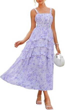 Grace Karin Robe longue d&eacute;t&eacute; &agrave; motif floral avec bretelles spaghetti en mousseline de soie et volants pour femme, Motif floral violet., S