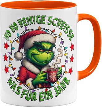 OM3 lustige Weihnachts Kaffee-Tasse mit Spruch - Ho Ho Heilige Scheisse Was f&uuml;r ein Jahr Tasse - Keramik Becher - 325ml - Beidseitig Bedruckt - Orange