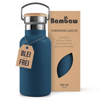 Bambaw Thermosflasche 350 ml, Edelstahl Trinkflasche Blau, Thermos Trinkflasche Kinder, Wasserflasche, Flasche Isoliert, Thermoflasche Klein - Azurblau