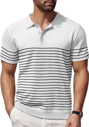 Coofandy Poloshirt Herren Kurzarm Strick Poloshirt Gestreiftes Button Down Polohemd Golf Shirts Wei&szlig; (Schwarze Streifen) 3XL