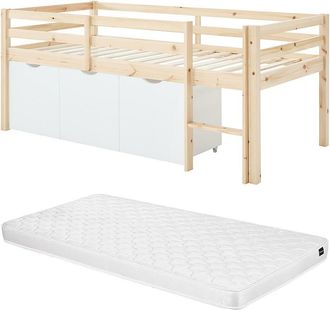Vente-Unique Halbhohes Bett 90 x 190 cm - Mit Stauraum + Matratze - Kiefer & MDF - Natur/Wei&szlig; - LANIORI