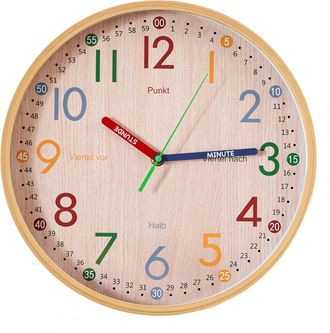 Wall-Art Lernuhr Kinder Wanduhr lautlos Kinderuhr modern M&auml;dchen Jungenuhr ohne Tickger&auml;usche Holzoptik 30cm