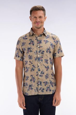 Eden Park Chemise &Agrave; Manches Courtes En Lin Beige &Agrave; Imprim&eacute; Floral Gris Coupe Ajust&eacute;e