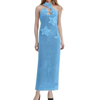 Generic 2026 Robe amincissante &agrave; la mode et &eacute;l&eacute;gante en tricot creux sans manches dos nu bretelles taille haute robe mince, bleu, L