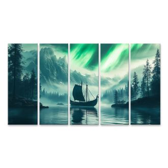 Islandburner Bild auf Leinwand Nordlichter Über Einem Wikinger Schiff Bilder Wandbilder Poster