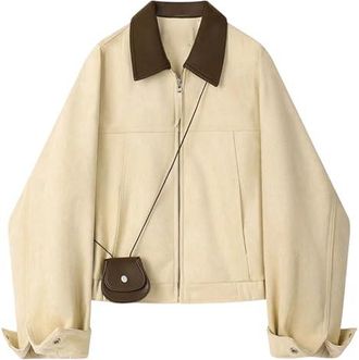 Generic Veste courte en daim synth&eacute;tique pour femme avec fermeture &eacute;clair et col contrast&eacute; - V&ecirc;tement dext&eacute;rieur avec poches, beige, M