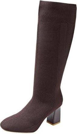 Generic Bottes mi-mollet en tricot extensible pour femme - &Eacute;l&eacute;gantes - Couleur unie - Respirantes - Talon &eacute;pais - Confortables - Chaudes - &Agrave; enfiler, marron, 