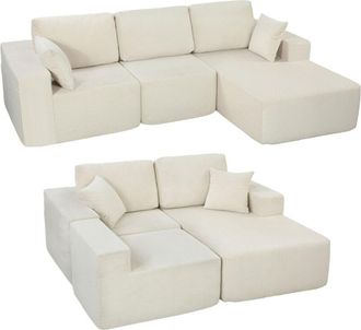 HOMCOM Canap&eacute; dangle - HOMCOM - modulable - 2 en 1 - 3 places - larges assise et accoudoirs, 2 coussins - velours c&ocirc;tel&eacute; - 267cm - cr&egrave;me
