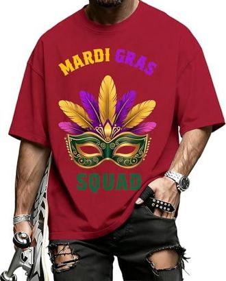 Generic Chemises Mardi Gras pour homme - Col rond, surdimensionn&eacute;, tendance, tendance, &agrave; manches courtes, T-shirts d&eacute;contract&eacute;s Mardi Gras Squad, rouge vin, X