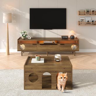 Generic TV-Schrank Set Walnuss Optik Lowboard & Couchtisch mit Katzenh&ouml;hle LED Beleuchtung TV-M&ouml;bel Vintage Design Wohnzimmertisch Haustierfreundlich Glasfron