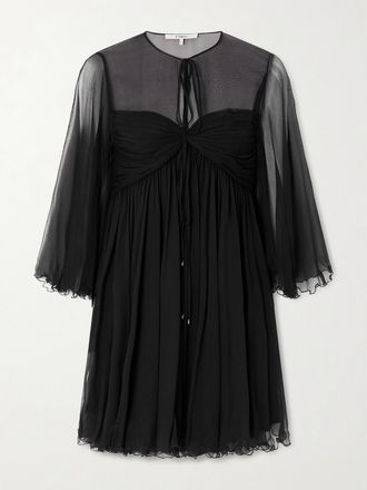Chlo&eacute; Mini-robe En Mousseline De Soie &Agrave; Fronces Et &Agrave; Liens - Noir