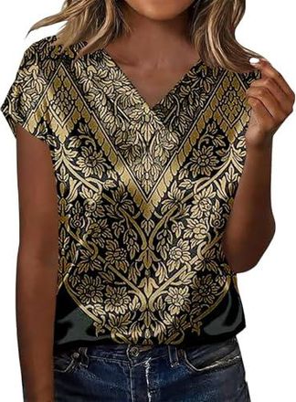 Generic Chemisier d&eacute;contract&eacute; &agrave; manches courtes et col en V imprim&eacute; ethnique pour femme | Chemise d&eacute;t&eacute; l&eacute;g&egrave;re et respirante pour un usage quotidien, les voyag