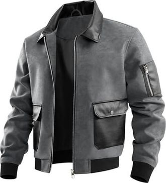 Generico Veste de moto en cuir synth&eacute;tique l&eacute;g&egrave;re pour homme avec col montant et fermeture &eacute;clair Style vintage, gris, XXL