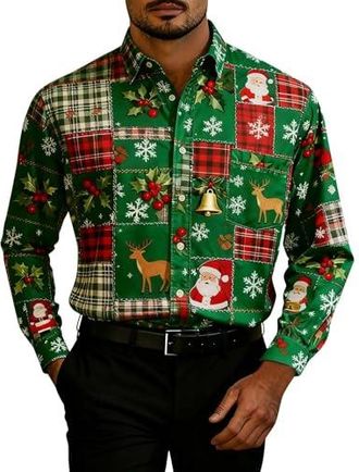 Generic Chemise de Noël pour homme, chemise de Père Noël amusante, chemise boutonnée, renne et bonhomme de neige, t-shirt à manches longues, pull arbre de Noë