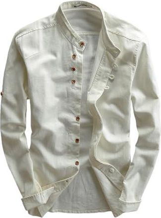Generic Chemise &agrave; col mandarin en lin m&eacute;lang&eacute; pour homme, chemise d&eacute;contract&eacute;e &agrave; manches longues boutonn&eacute;e pour le printemps et l&eacute;t&eacute;, blanc, 3XL