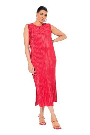 Ulla Popken 839078 Robe midi plissée, col Rond, sans Manches, Grandes Tailles, pour Femme, Rouge Fluo, 48-50