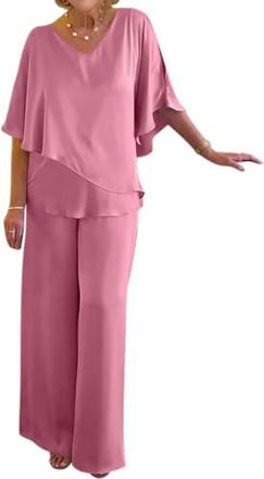 TOMWELL Ensemble Femme 2 Pièces Pantalons Costume De Soirée Taille Haute Costume en Tulle Elegant Outfits Suit Ensemble Couleur Unie V Cou Ourlet Irrégulier C