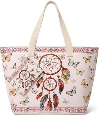 Generico Grand sac fourre-tout de plage marron beige avec motif attrape-rêves, fermeture éclair et poche intérieure 55 x 36 cm, léger, résistant pour femme, ca