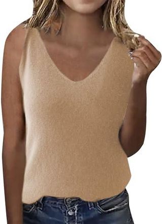 Generic HUIFUAO Débardeur pour femme de couleur unie avec col en V, sans manches, bretelles fines, débardeur dété basique pour femme, doré, L