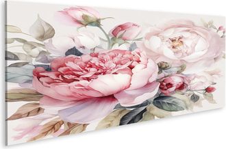 Islandburner Bild auf Leinwand Fesselnde Aquarellmalerei Romantisch Wei&szlig; Rosa Pfingstrosen Rosen Hintergrundbil Bilder Wandbilder Poster JAZA-Pano