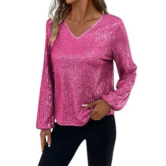 Generic Haut &agrave; paillettes pour femme - Tunique brillante &agrave; manches longues et col en V - T-shirt pour f&ecirc;te, bo&icirc;te de nuit - T-shirt ample d&eacute;contract&eacute; pour fem