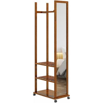 HOMCOM Standspiegel, Ganzk&ouml;rperspiegel mit St&auml;nder, 24,8 x 153,8 cm Garderobenspiegel mit Rollen, Garderobe mit 3 Ebenen, Kleiderstange, f&uuml;r