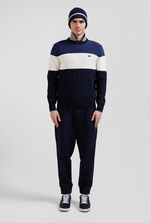 Eden Park Pull Col Rond En Coton Bleu Marine Et Bleu &Agrave; Jeux De Maille Coupe Regular