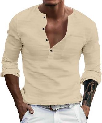 Generic T-shirt &agrave; manches longues pour homme - Style vintage - En coton - Grandes tailles - Col montant - Chemise de plage - Col rond - Chemise d&eacute;t&eacute; &eacute;l&eacute;gante 
