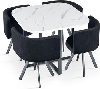 Menzzo Table carr&eacute;e 90cm avec 4 chaises gain de place Oslo Effet marbre blanc et Velours Noir