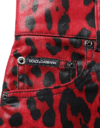 Dolce & Gabbana Womens Red Leopard Skinny High Waist Denim Jeans Cotton Elastane Clothing