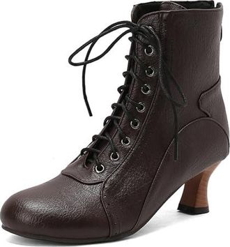 Generic Bottines Style Victorien Femme Talon Bas Moyen &Eacute;pais Bout Rond Lacets Avant Simili Cuir Bottines Courtes pour Cocktail Et R&eacute;ception De Mariage,Marron,