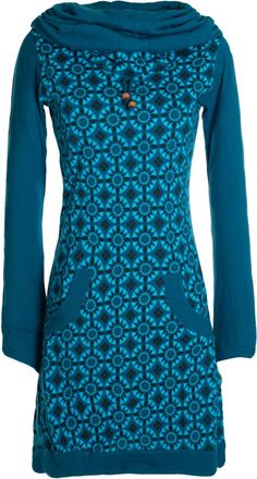 vishes Alternative Bekleidung - Langarm Damen Shirt Kleid Schalkragen Bedruckt 70er 80er Retro t&uuml;rkis 46