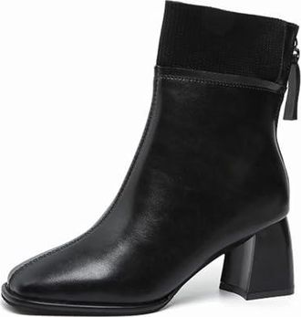 Generic Bottines Chelsea confortables à bout carré et élastique à talon bloc pour femme avec fermeture éclair, Noir, 38.5 EU