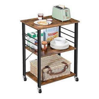 Relaxdays K&uuml;chenwagen, 3 Ebenen, mit 6 Haken, Metall, Rollwagen K&uuml;che, Haushalt & B&uuml;ro, HBT: 89x60x40 cm, braun-schwarz