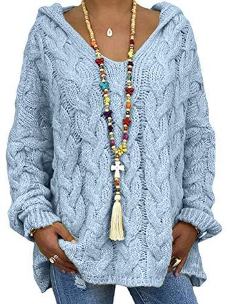 Minetom Pull &agrave; Capuche Femme Manches Longues Sweat Shirt Top Haut Tricot Chandail Tunique Chaud Oversize Ample Pullover Bleu L